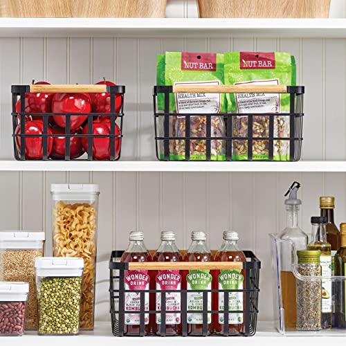 mDesign Metal Wire Food Organizer Storage Bin Basket with Bamboo Handles for Kitchen Cabinets/Pantry Organizing - Farmhouse Decor - Yami Collection - 4 Pack - Matte Black/Natural