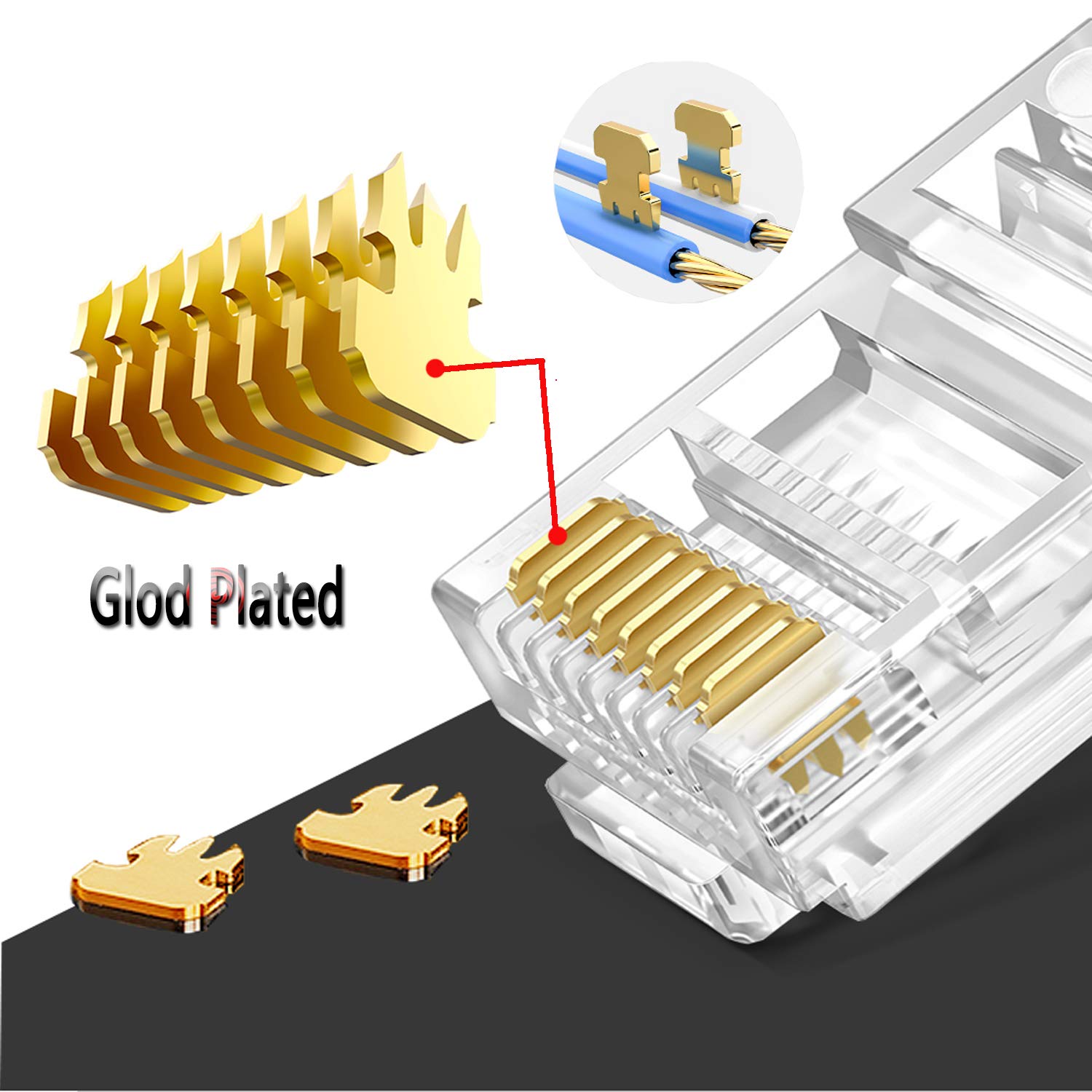 PETECHTOOL RJ45 Cat6 Pass Through Connectors Gold Plated 8P8C Ends and Blue Strain Relief Boots for CAT6 RJ45 Ethernet Network Cable Connector Plug Cover 100/100 (200 Packs Total)