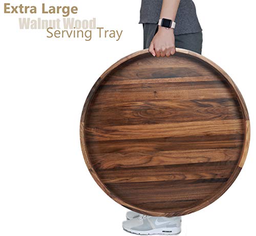 MAGIGO 24 Inches Extra Large Round Black Walnut Wood Ottoman Tray with Handles, Serve Tea, Coffee or Breakfast in Bed, Classic Circular Wooden Decorative Serving Tray