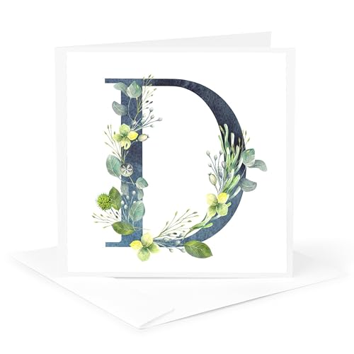 3dRose Greeting Card - Blue Monogram Initial D With Pretty Yellow Wild Flowers - Floral Monograms