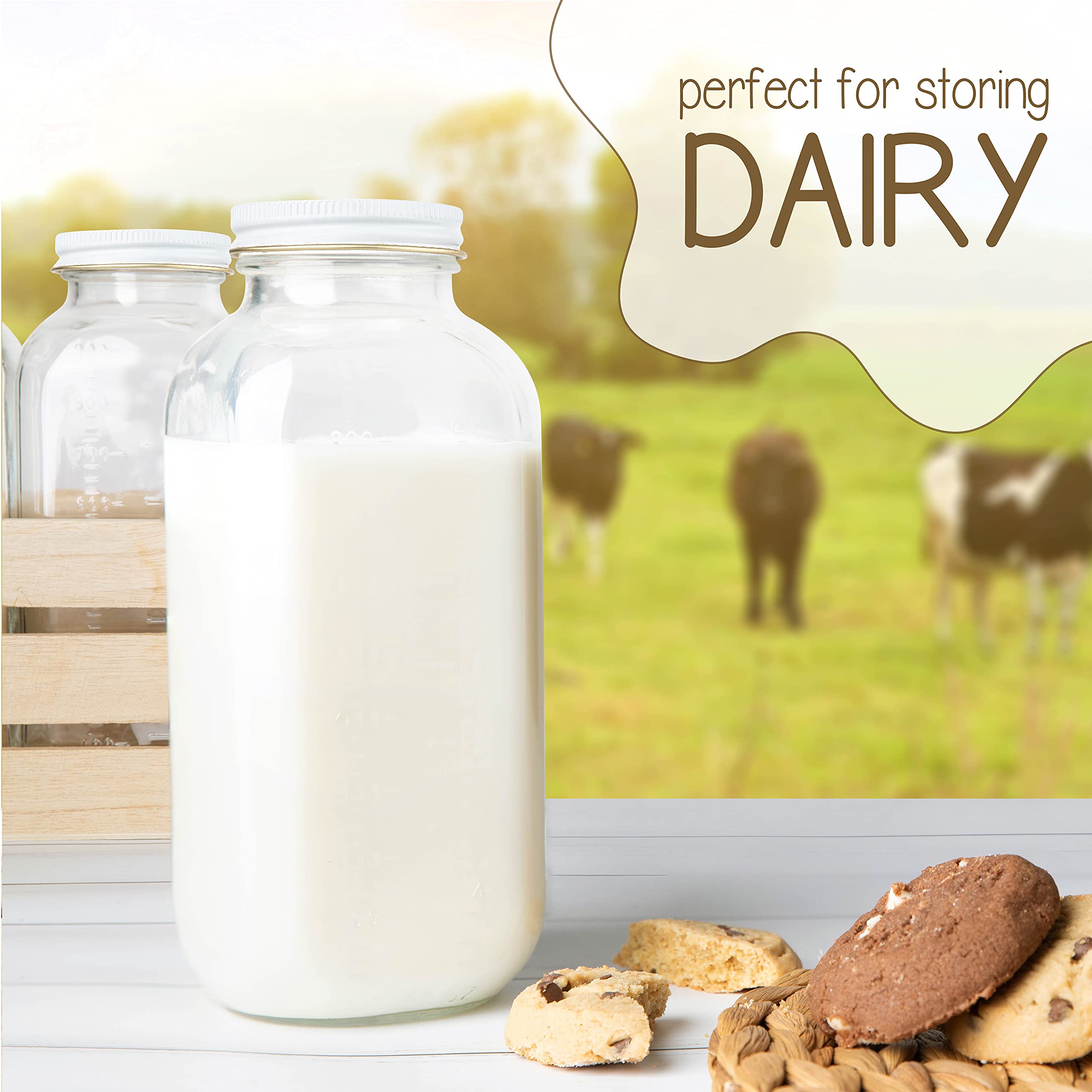 32oz Square Glass Milk Bottle with White Metal Airtight Lids - Vintage Reusable Milk Jugs - Dairy Drinking Containers for Milk, Yogurt, Smoothies, Kefir, Kombucha, and Water- by kitchentoolz