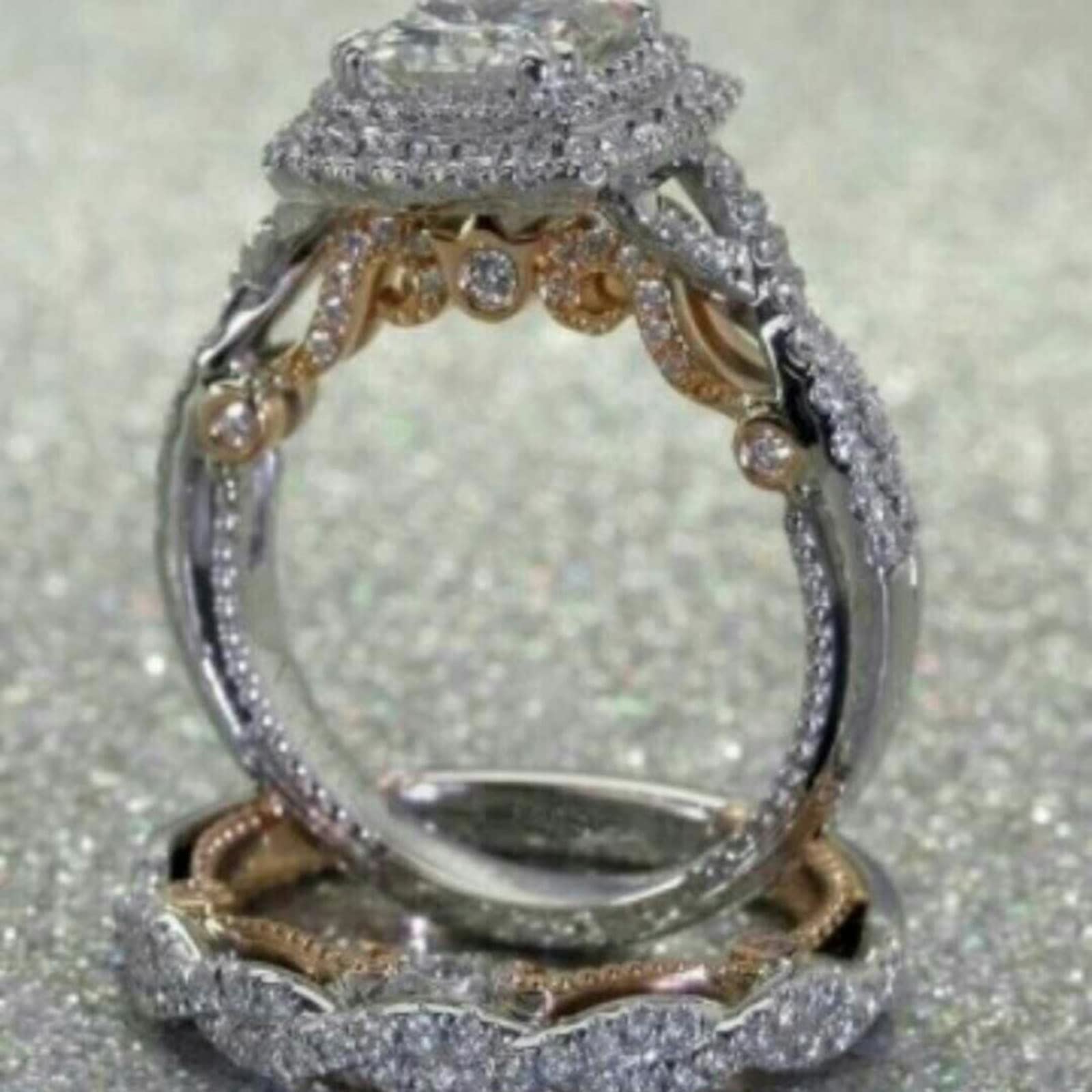 2PCS Gold Plated Square Diamond Princess Ring Set, Gold Diamond Engagement Wedding Ring Designs