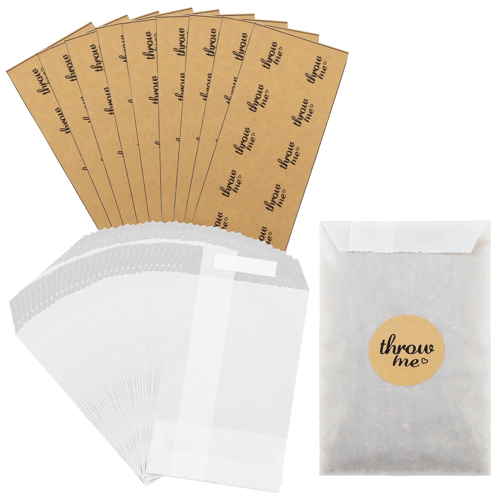 50Sets Wedding Confetti Bags Kit Include 50 Pieces 70 x 105 mm Wedding Confetti Glassine Bags Wedding Favor Bags and 50 Pieces Kraft Brown Wedding Confetti Stickers for Wedding (Throw Some Love)