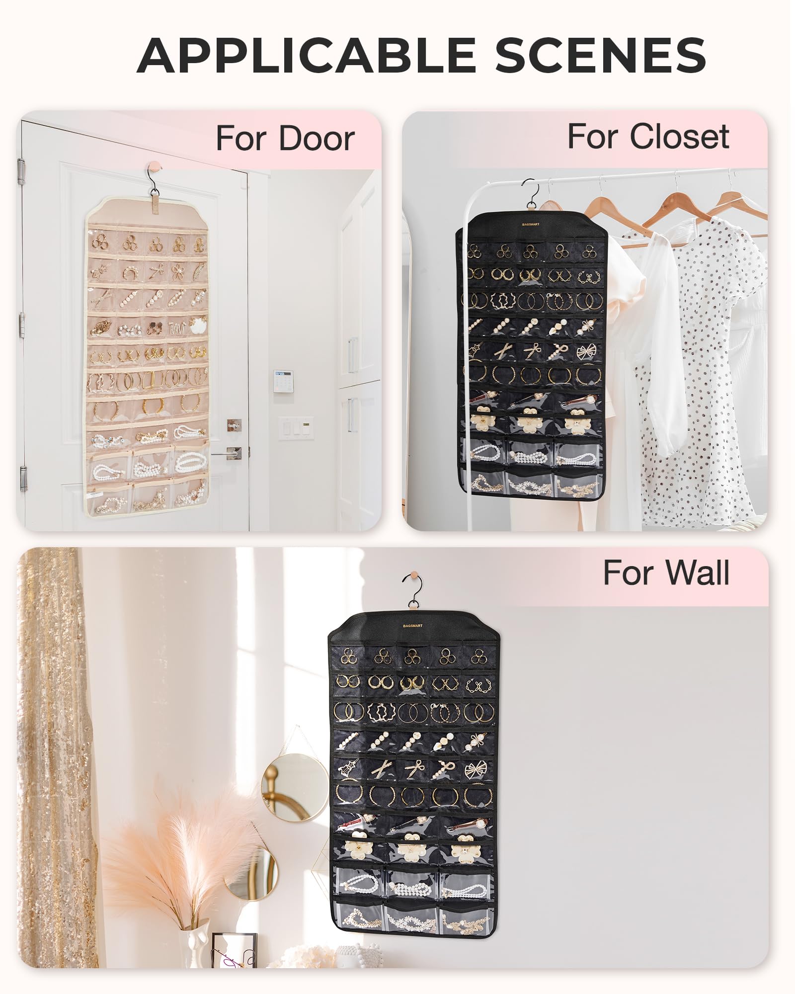 BAGSMART Hanging Jewelry Organizer, Jewelry Holder Organizer Accessories Organizer, 68 Pocket Earring Organizer Organizer for Wall Holding Jewelry,Extra Large Black, 1 Piece