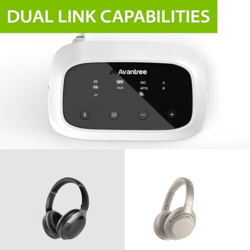 Avantree Oasis B β Bluetooth Transmitter & Receiver for TV with Dual Link Capabilities, Pass-Through Features, and No AudioDelay, Class 1 Long Range, LED Indicator, Optical AUX RCA