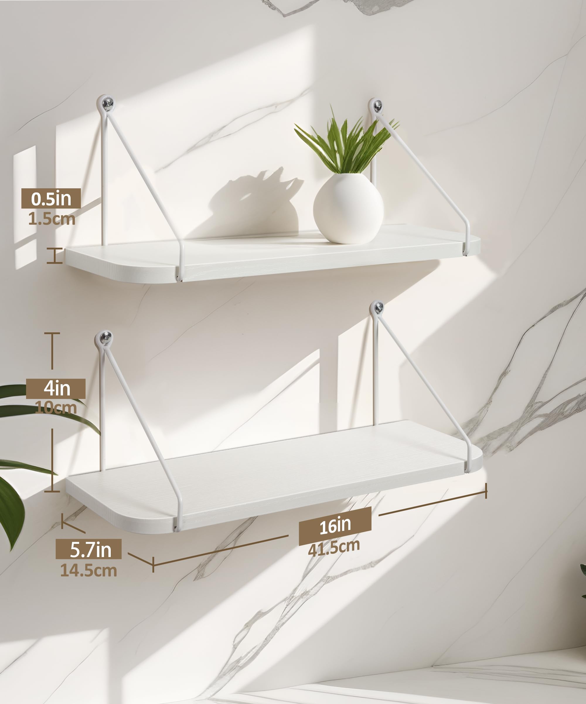 Afuly White Shelves for Wall, Floating Shelf Bathroom, Wall Mounted Shelves for Bedroom Living Room, Over Toilet Shelves Storage Display Organizer Modern Home Decor, 16inch Set of 2
