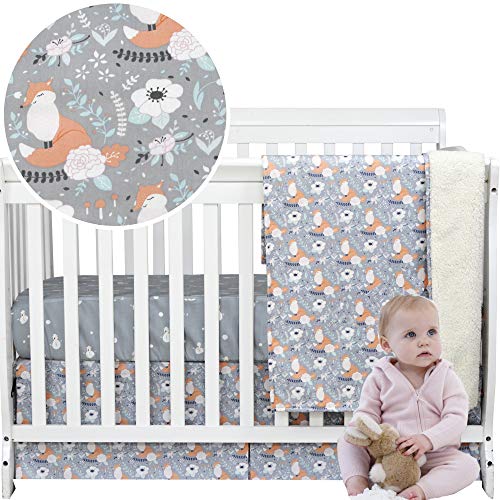 Brandream Fox Crib Bedding Sets Floral Nursery Bedding Blanket with Fox Print, Gray 3 Pieced Cotton Breathable Fitted Sheet Sets for Boys Girls