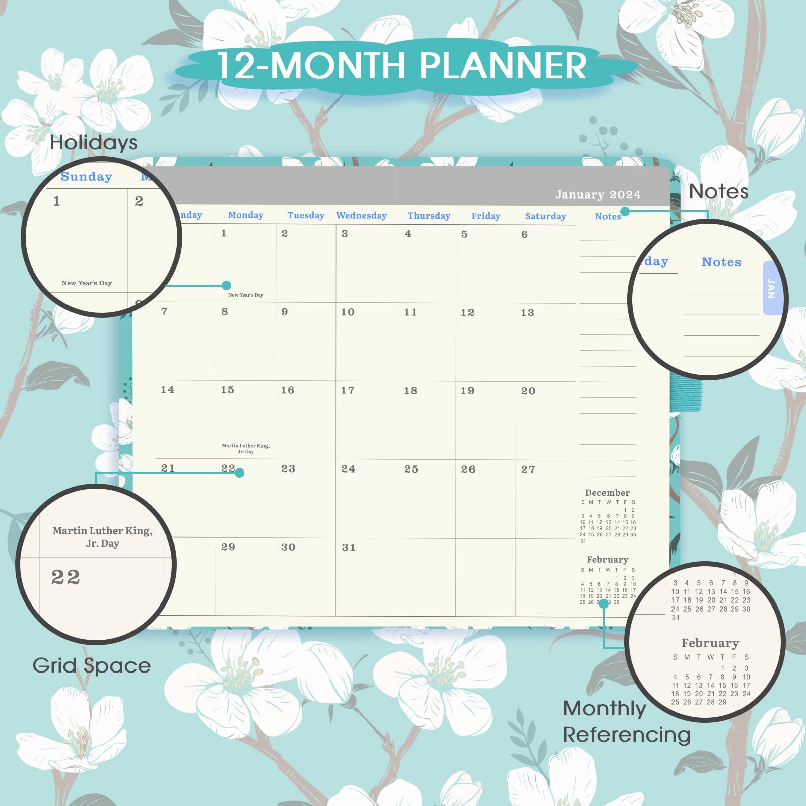 2024 Pocket Planner - Pocket Calendar (12-Month) With Notes Pages, Jan. 2024 - Dec. 2024, 6.2" x 4", 2024 Planner with Contacts, Holidays and Pen Holder, Back Pocket - Green