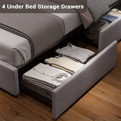ADORNEVE LED Full Size Bed Frame with Storage Drawers, Upholstered Platform Bed Frame Full with LED Lights and Charging Station, Sturdy Wooden Slats Support, No Box Spring Needed, Light Grey