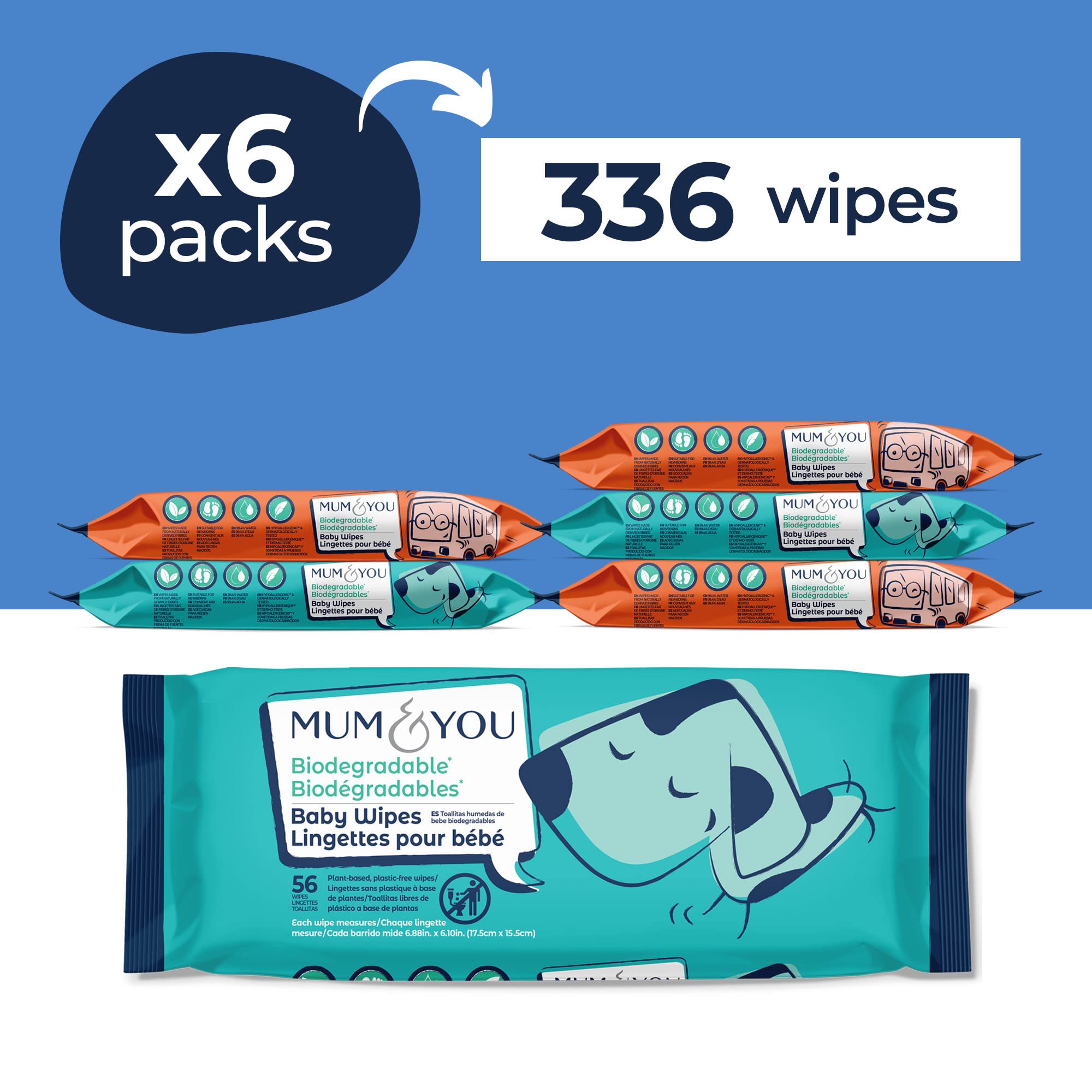 Mum & You Biodegradable Compostable Vegan Registered Plastic Free Baby Wet Wipes with Recyclable Packaging, 99.4% Water, 0% Plastic, Hypoallergenic & Dermatologically Tested (Pack of 6)