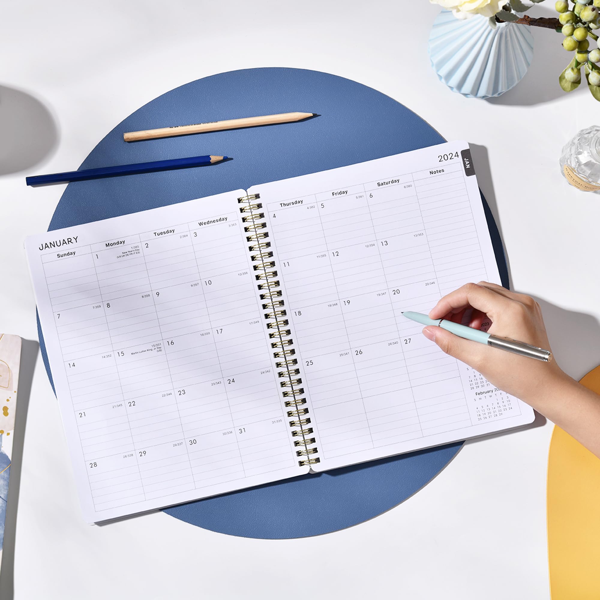 2024 Planner - Planner/Calendar 2024, Jan. 2024 - Dec. 2024, 2024 Planner Weekly and Monthly with Printed Tabs, 8" x 10", Flexible Cover with Thick Paper + Twin-Wire Binding - Waterink