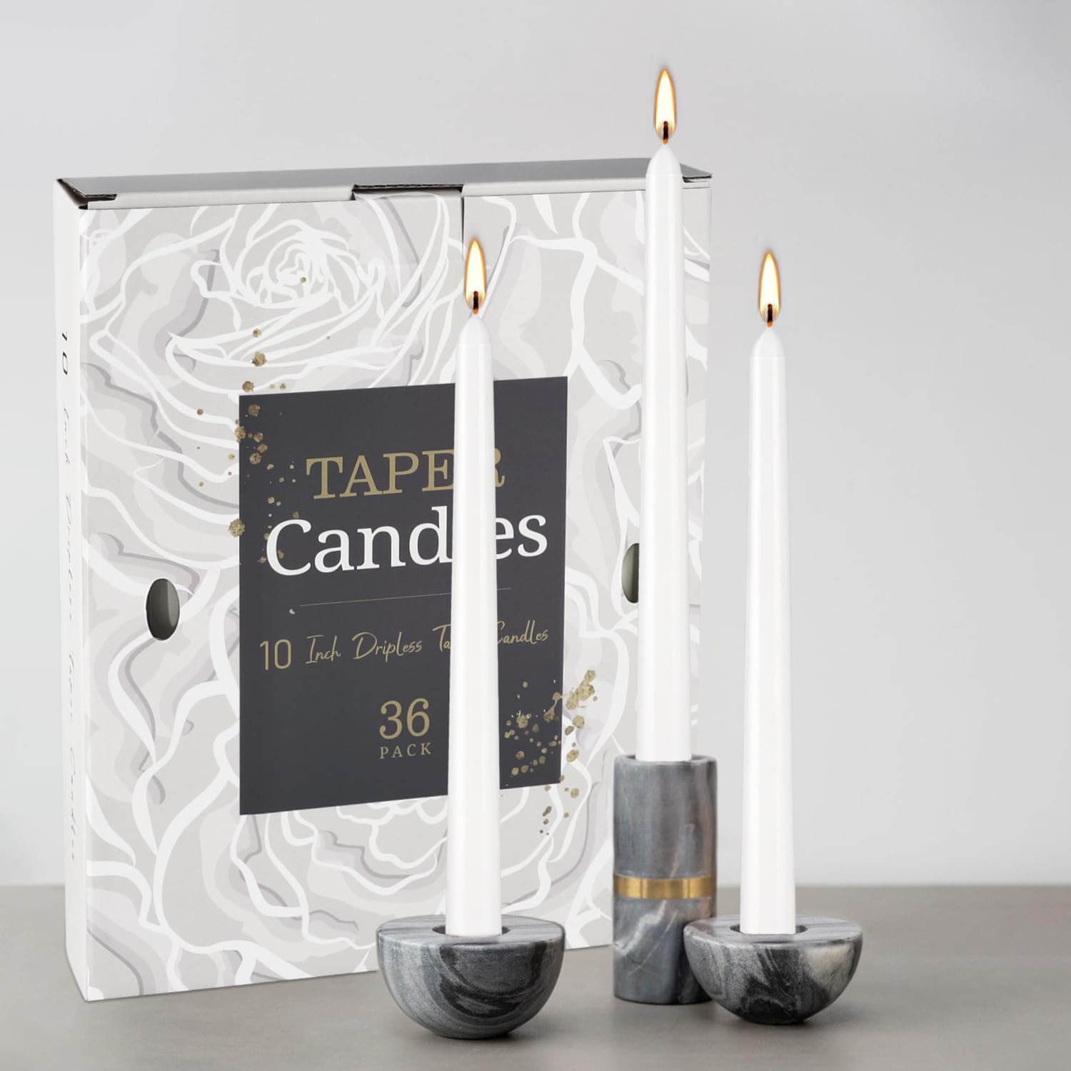 36 Pack 10 inch White Taper Candles, 7-7.5 Hour Burn Time,Unscented Dripless and Smokeless, Elegant Premium Quality Dinner Candle for Home Décor, Restaurant, Wedding, Party Candlesticks