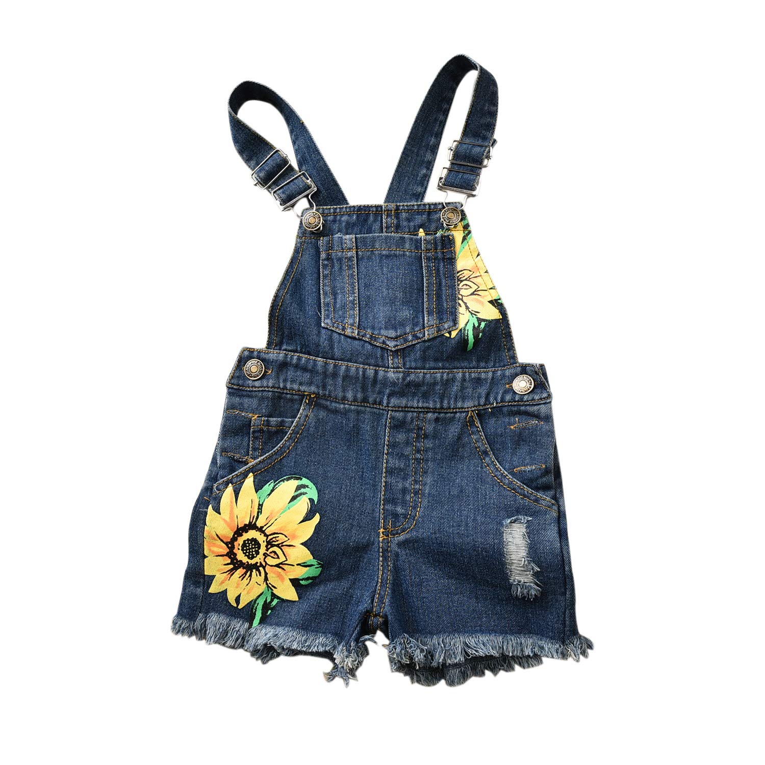 HINTINA Baby & Toddler Girls Big Bibs Overalls Ripped Hole Summer Sunflowers Jumpsuit Boyfriend Jeans Denim Romper Shortalls 2-3T