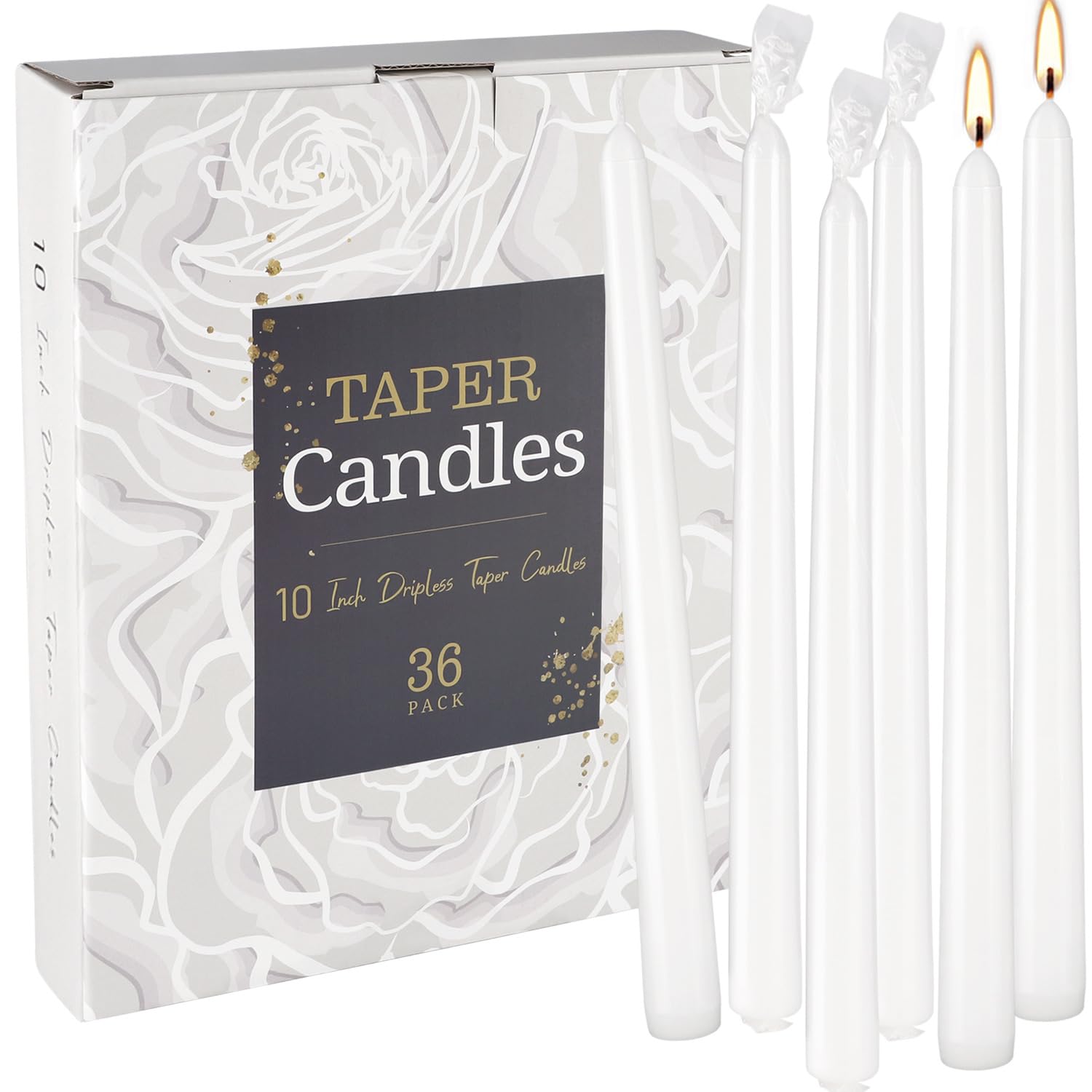 36 Pack 10 inch White Taper Candles, 7-7.5 Hour Burn Time,Unscented Dripless and Smokeless, 10 inch Elegant Premium Quality Dinner Candle for Home Décor, Restaurant, Wedding, Party Candlesticks…