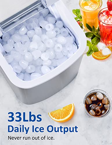 33Lbs/24H Ice Maker Countertop, 10 Ice Cube in 8 Mins, Smart Touch Control LED Panel, Time Reservation & Countdown, Self-Cleaning, 2 Sizes Ice Cube, Portable for Home Camping Party RV, Stainless Steel