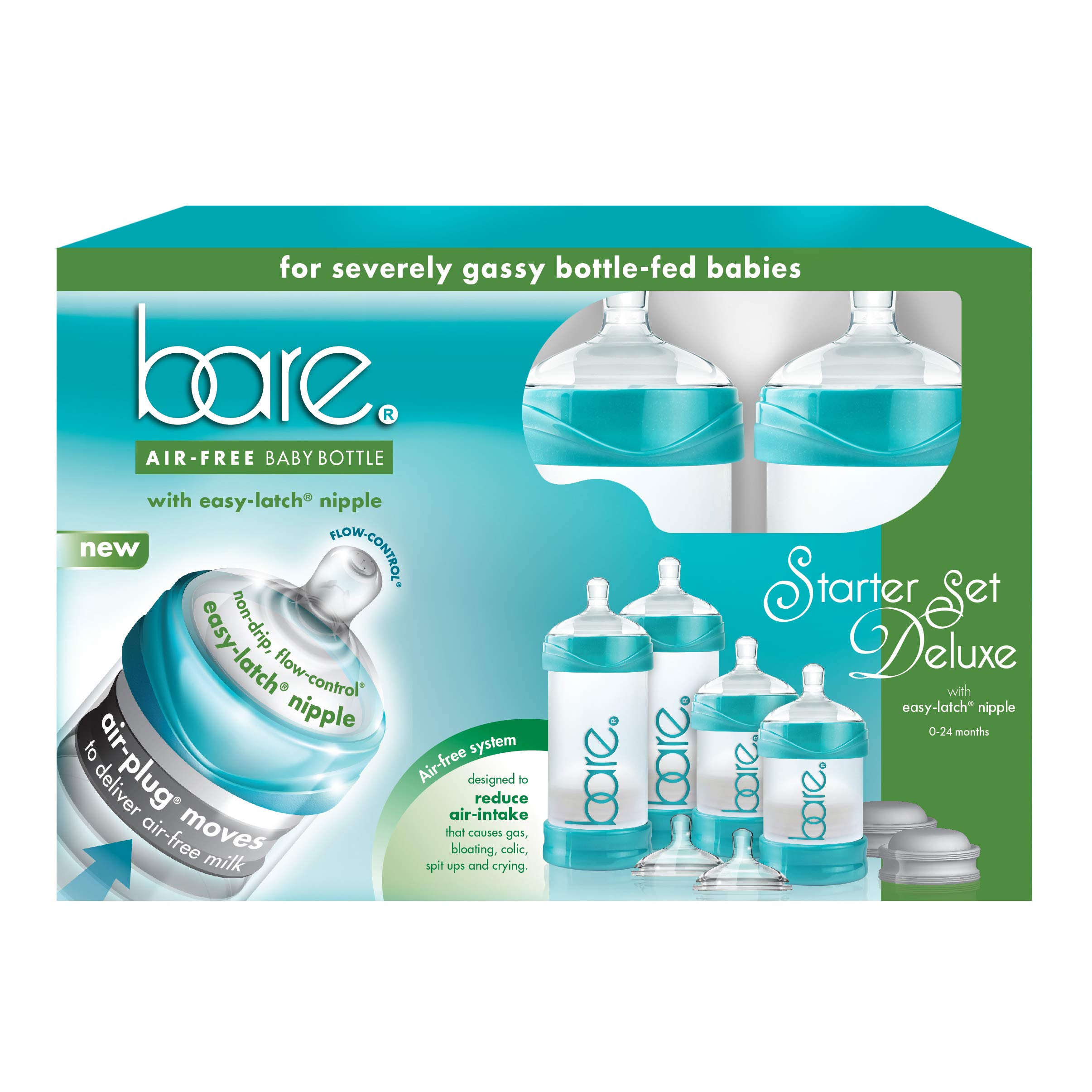 Bare Air-Free Starter Set feeding system with Easy-latch (for baies fed with baby bottles) by Bittylab. Airfree technology cuts down on reflux, colic, gas, fuss & sleep troubles. Easy instructions.