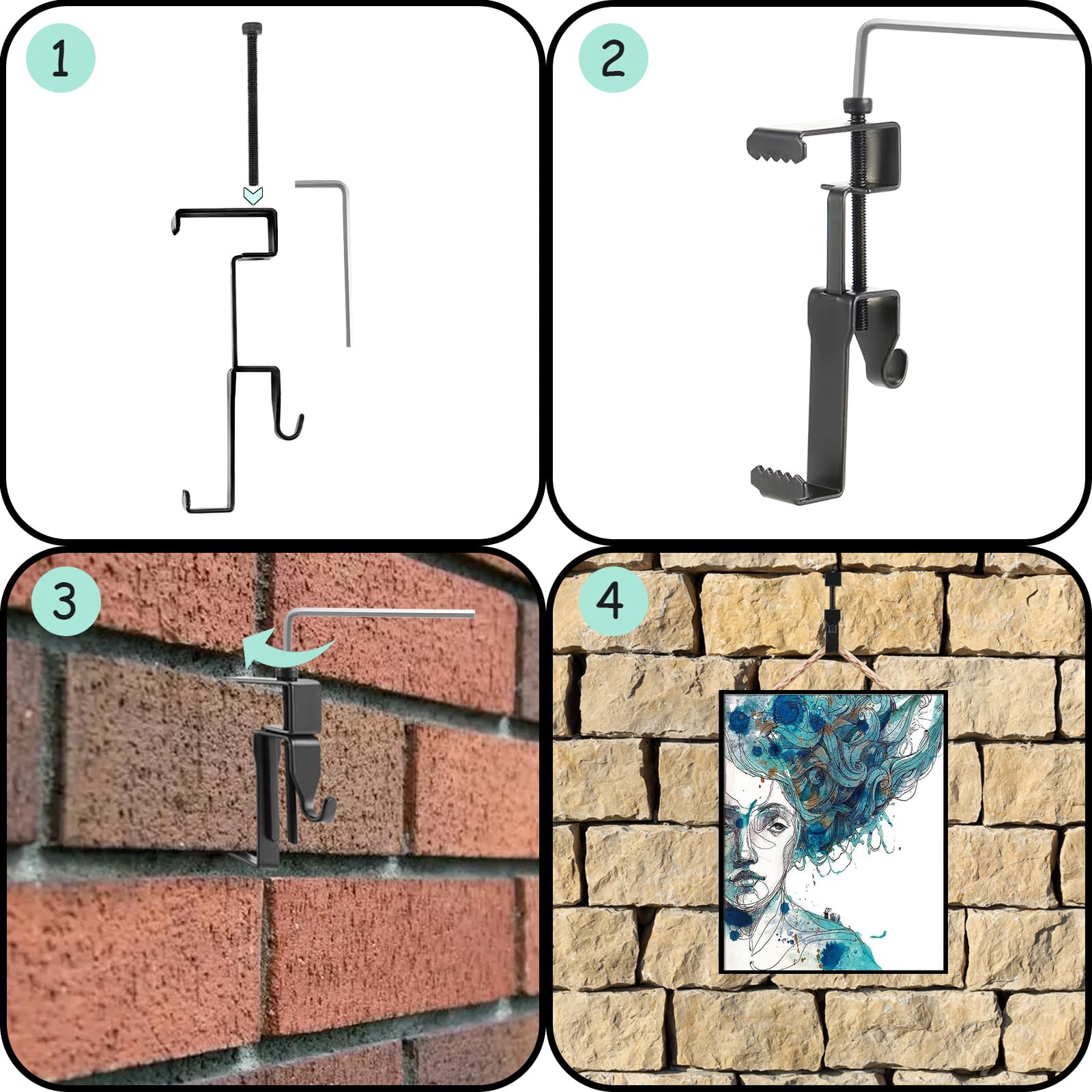 6PCS Stainless Steel Brick Wall Clips - Heavy Duty Adjustable Hooks for Picture Frames, Flower Baskets & Outdoor Decor. No-Drill Brick Hangers Set