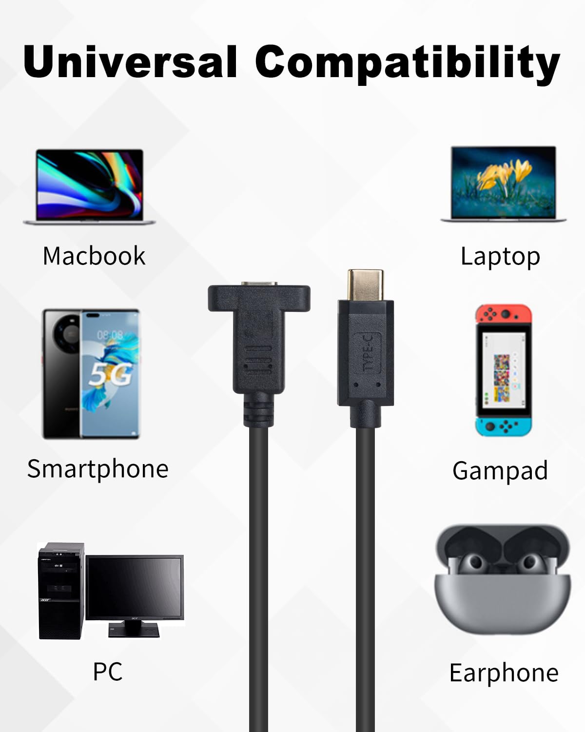 Poyiccot USB 3.1 Type C Extension Cable, USB C Extension Cable Short, USB C Panel Mount 10Gbps 60W USB C Extender Cable for Data & Sync (Straight USB C Male to Female), 1ft/30cm
