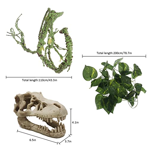 Hamiledyi Bearded Dragon Tank Accessories Reptile Dinosaur Skull Hideout Decor Reptile Climber Jungle Vines Artificial Leaves for Iguana Lizard Chameleon Snake Frog Gecko Frogs(3 PCS)