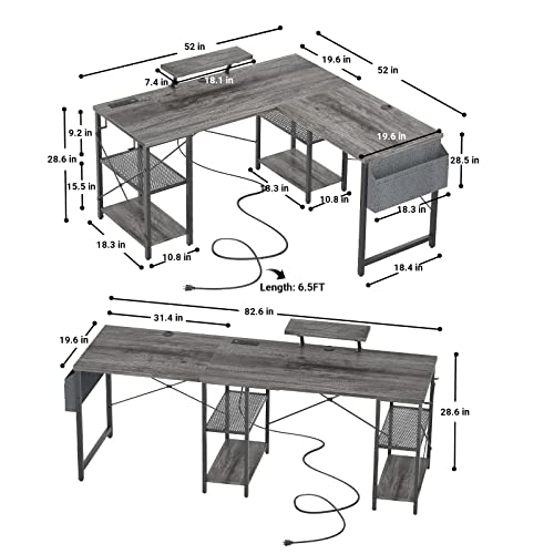 Aheaplus L Shaped Desk with Outlet and USB Charging Ports, L-Shaped Desk with Storage Shelves Reversible Corner Computer Desk 2 Person Long Table with Monitor Stand Gaming Home Office Desk, Oak