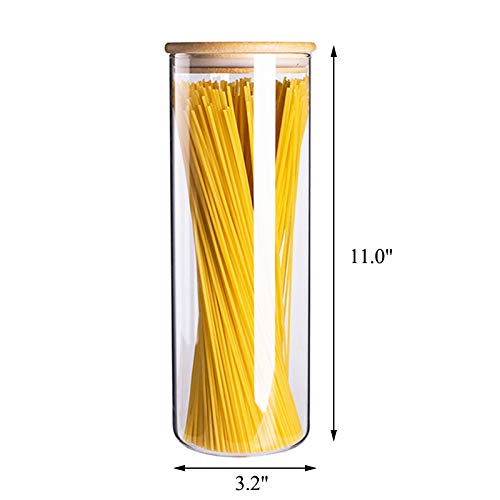 3.15 x 11 Inch Spaghetti Container, 38 OZ Airtight Glass Pasta Canister & Jar, Seal Pot with Clear Glass & Bamboo Lid, Kitchen Corner & Cabinet Organization, Dispenser for Cereal, Flour, Liquid