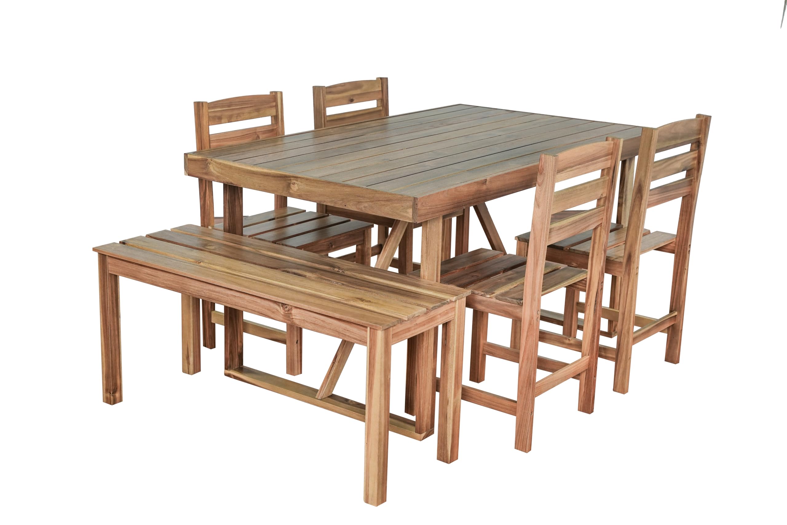6 Person Outdoor Acacia Wood Dining Table Set, All Weather 6 Pieces Conversation Set, 60'' Rectangle Dining Table with 4 Chairs and Bench for Patio Backyard Garden Poolside Balcony (Natural-26)