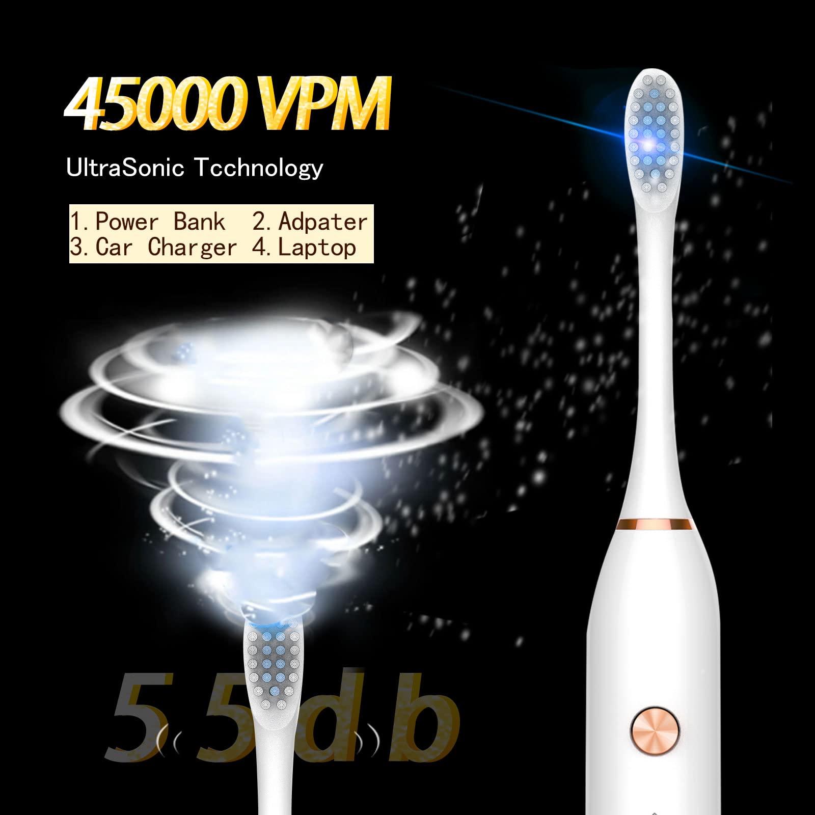 2 Pack Electric Toothbrushes Sonic Toothbrush Whitening with 8 Brush Heads, 6 Cleaning Modes and Smart Timer, for Adults Rechargeable Waterproof Cleaning Toothbrushes(Black+White)
