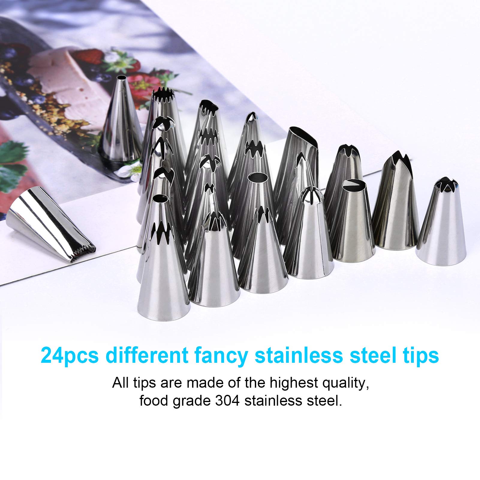 34Pcs Piping Bags and Tips Set, Bake Cake Decorating Kit with 24 Stainless Steel Tips, 2 Reusable Silicone Pastry Bags, 3 Icing Smoother, 2 Couplers, 2 Frosting Bags Ties and 1Pipe Brush