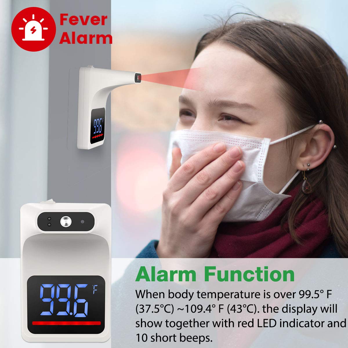 GEKKA Wall Mounted Infrared Forehead Thermometer for Adults, Non Contact Digital Wall Thermometer with LCD Display Fever Alarm Accurate Instant Reading for Offices, Schools, Factories