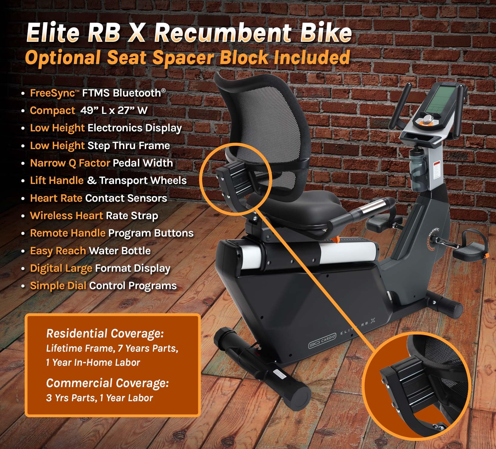 3G Cardio Elite RB X Recumbent Exercise Bike - FreeSync FTMS Bluetooth Smart App Connectivity - Compact 49" (L) - Oversized Soft 4-Way Adj. Seat - 350 lb Cap. - Low Step-Thru Design - Commercial Grade