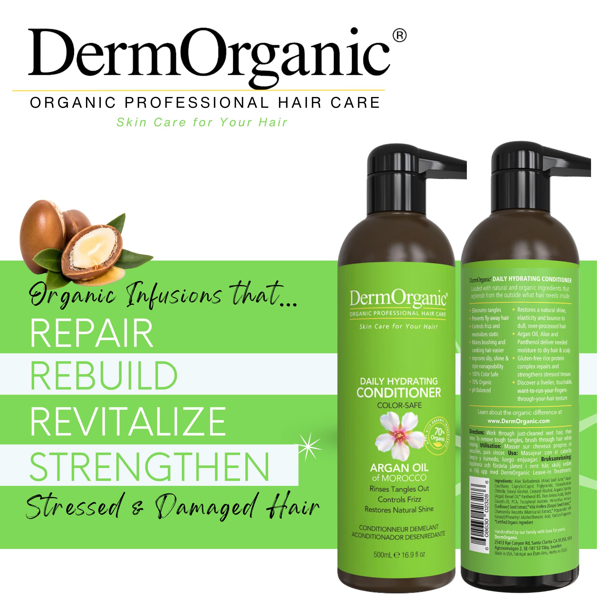 DermOrganic Argan Oil Daily Hydrating Hair Care-Sulfate Free & Color Safe-CONDITIONER 16.9 oz