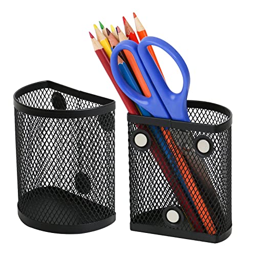 Aimeaihe Magnetic Pencil Holder, 2 Pack Mesh Magnetic Pen Holder for Refrigerator, Metal Writing Utensil Storage Organizer for Whiteboard, Black Locker Organizer for School, Office, Home