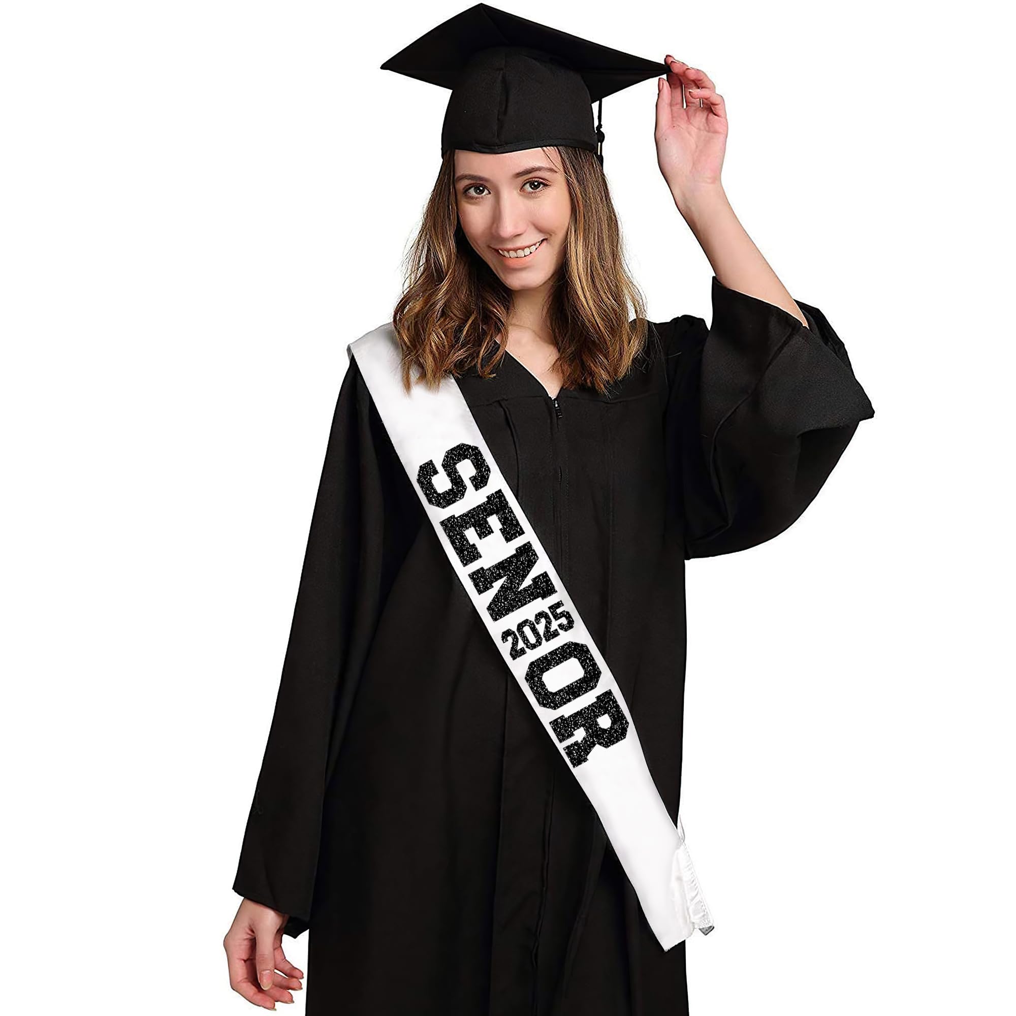 6Pcs White Senior 2025 Satin Sashes with Black Glitter Letters- 2025 Graduation Celebrations Sashes - Senior Cheer Sash - Cheerleader Sash - Class Competition Sashes