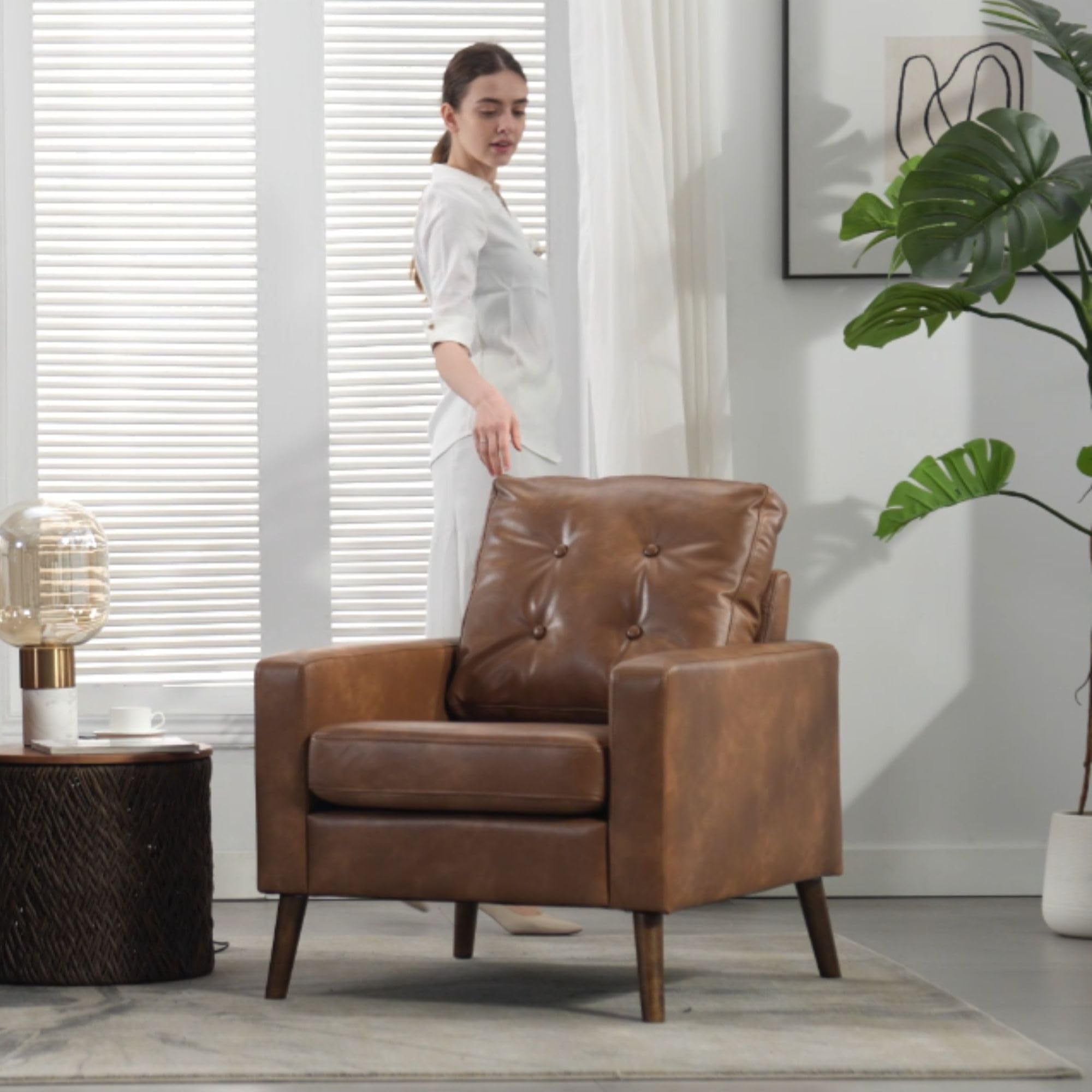 53" Wide Loveseat with Armrest, Upholstered 2-Seater Tufted PU Leather Double Sofa, Mini Sofa with Wooden Legs, Mid Century Modern Couch for Bedroom/Living, Brown