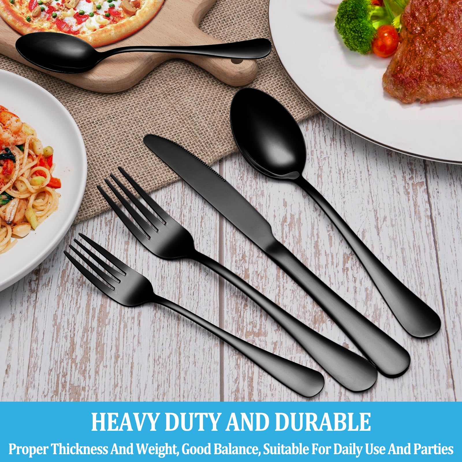 30 Pcs Black Silverware Set, Stainless Steel Flatware Set Service for 6, Mirror Polished Cutlery Utensil Set, Durable Home Kitchen Eating Tableware Set, Include Fork Knife Spoon Set, Dishwasher Safe
