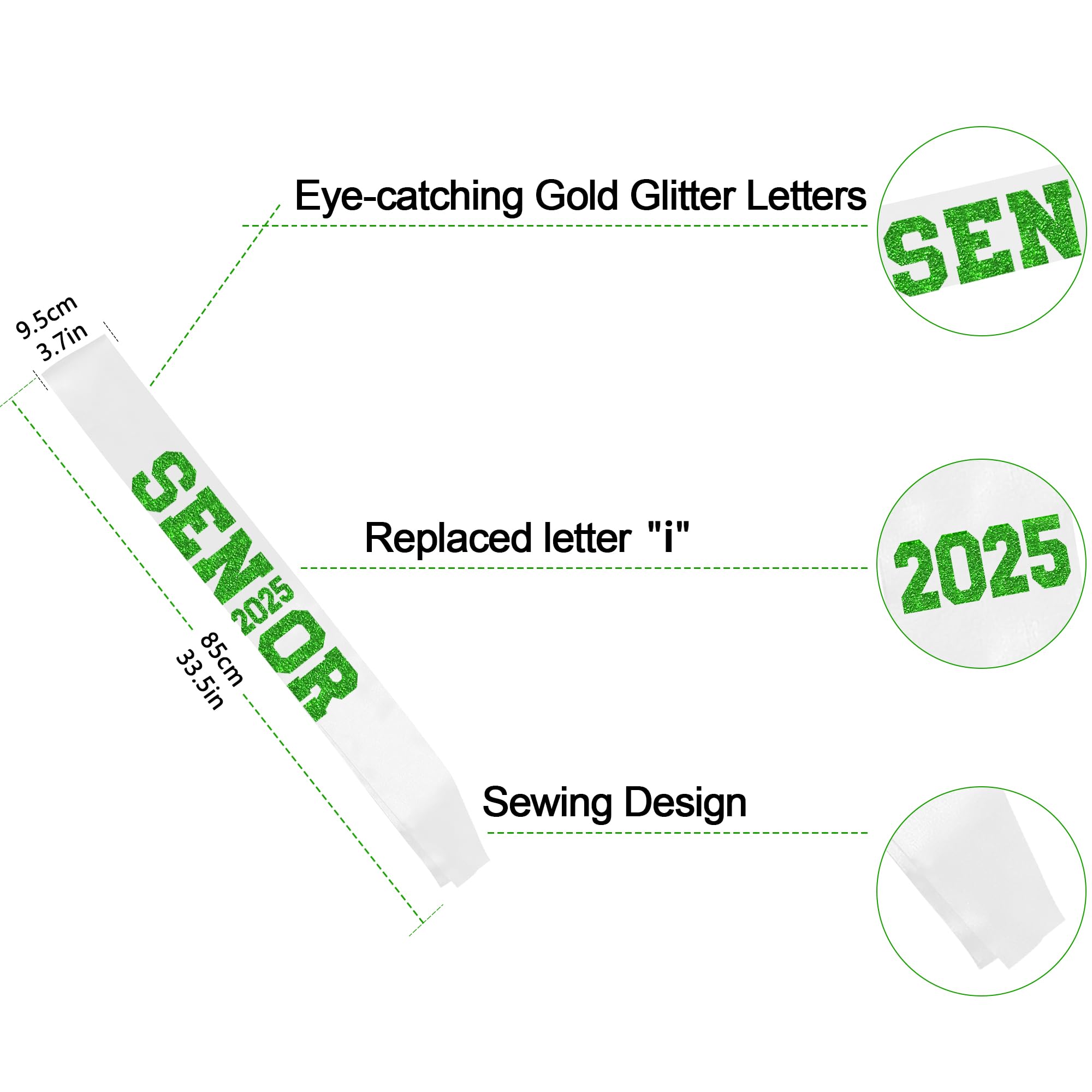 6Pcs White Senior 2025 Satin Sashes with Green Glitter Letters- 2025 Graduation Celebrations Sashes - Senior Cheer Sash - Cheerleader Sash - Class Competition Sashes