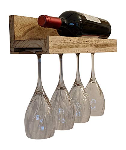 Gianna's Home Rustic Farmhouse Country Distressed Wood Wall Mounted Wine Rack with Glass Holder (Torched Wood)