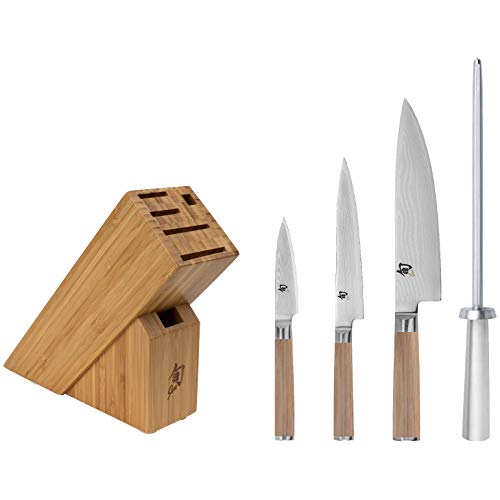 Shun Cutlery Classic Blonde 5-Piece Starter Block Set, Kitchen Knife and Knife Block Set, Includes Classic 8β Chef, 6β Utility & 3.5β Paring Knives, Handcrafted Japanese Kitchen Knives