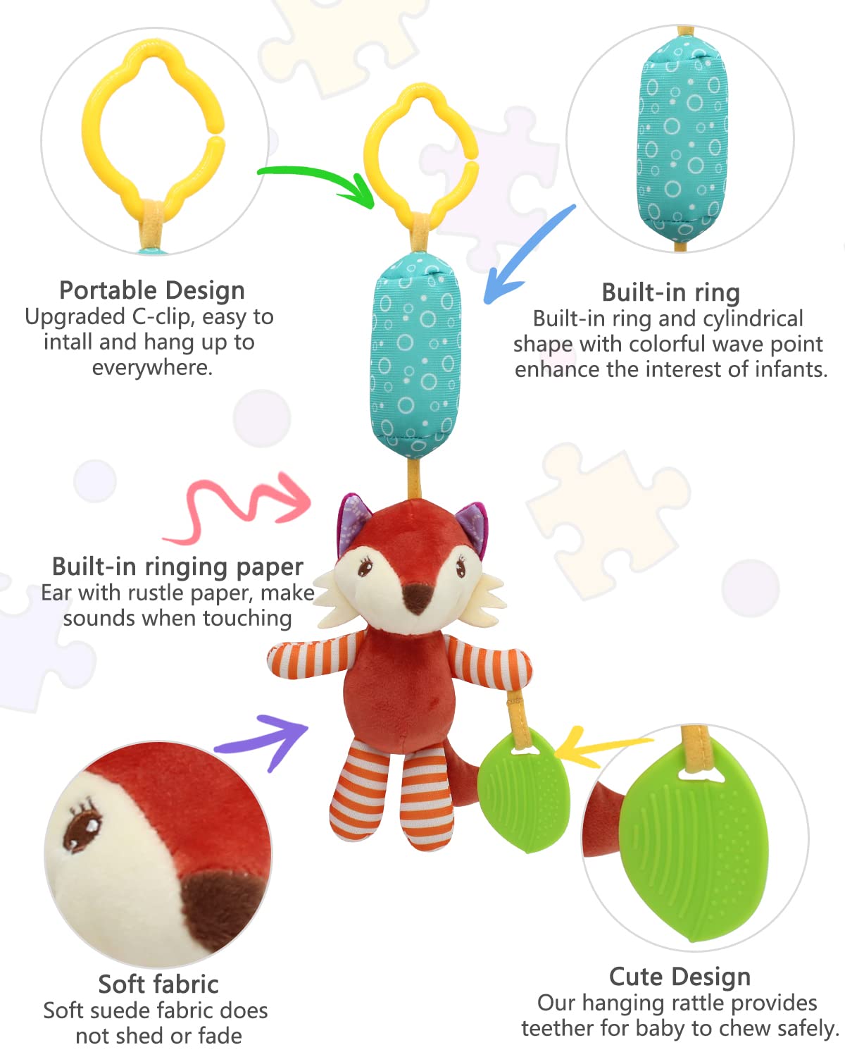 Baby Car Seat Toys, Infant Soft Plush Rattle, Cute Animal Doll,Early Development Hanging Stroller Toys for Newborn Boys Girls Gifts (5 PCS)