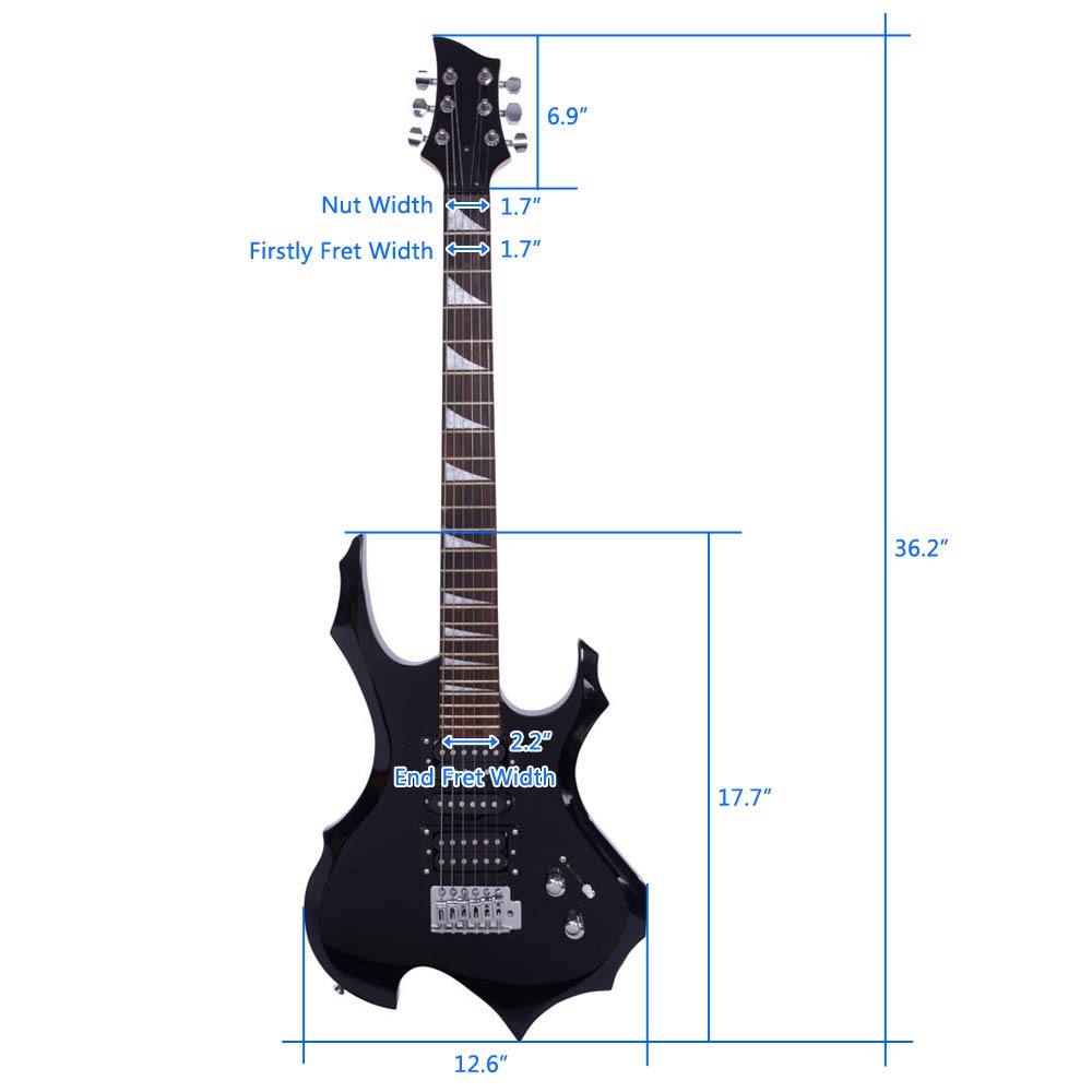 36“ Beginner Flame Shaped Electric Guitar Starter Kit, w/Guitar Bag,Shoulder Strap,Amp Wire,Tremolo Arm, Plectrum (Black)