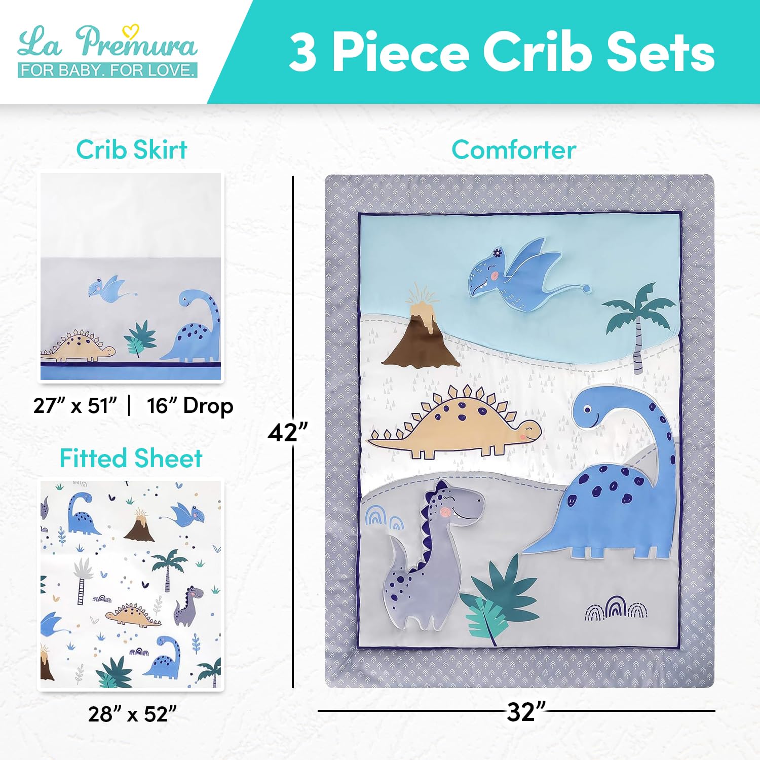 La Premura Baby Crib Bedding Set for Boys β Dinosaur 3 Piece Standard Size Nursery Crib Comforter Set, Grey/Blue - Unisex Baby Nursery Bedding and Neutral Decor