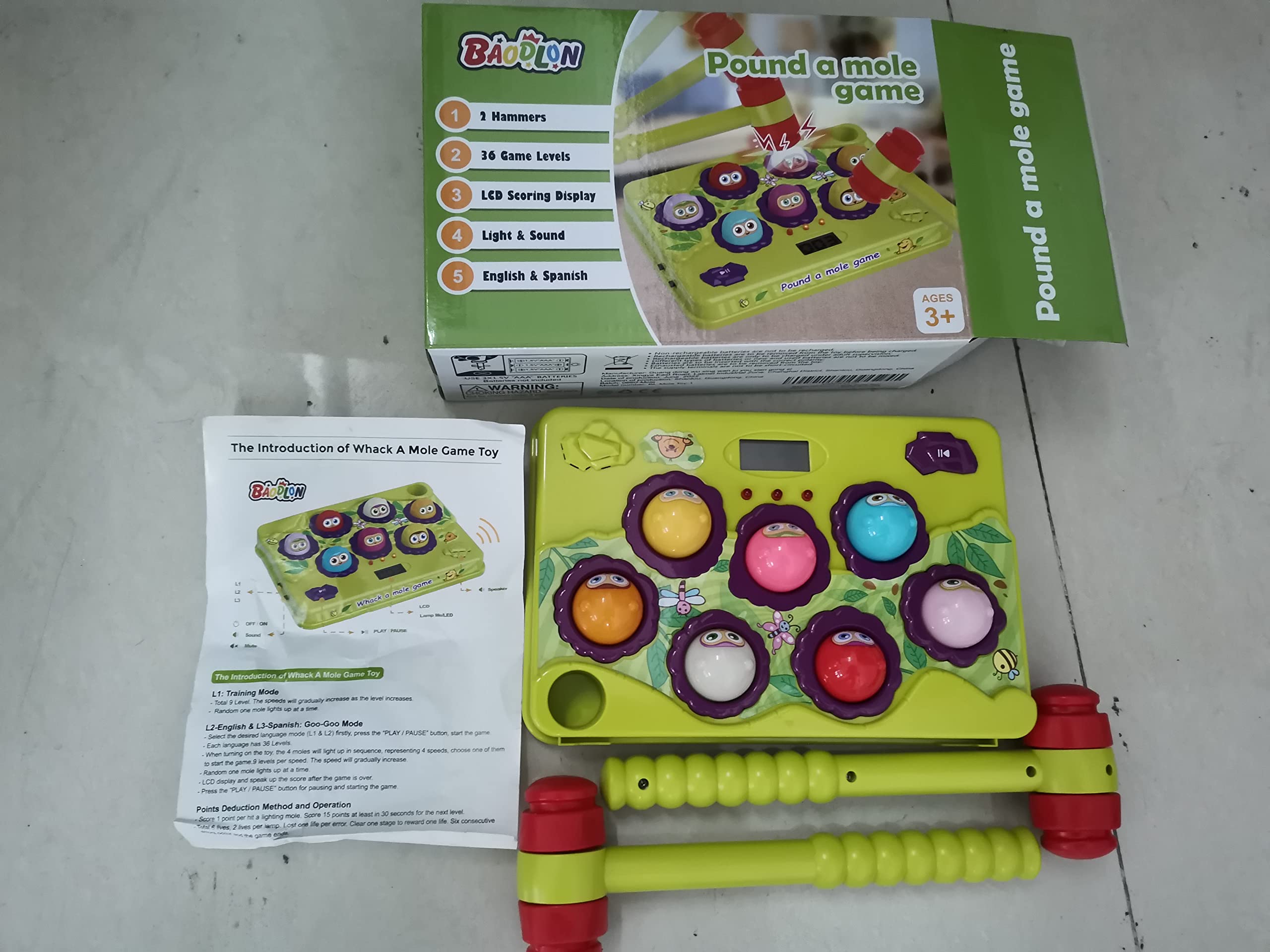 BAODLON Interactive Pound a Mole Game, Toddler Toys, Light-Up Musical Pounding Toy, Early Developmental Toy, Fun Gift for Age 3, 4, 5 Years Old Kids, Boys, Girls, 2 Soft Hammers Included