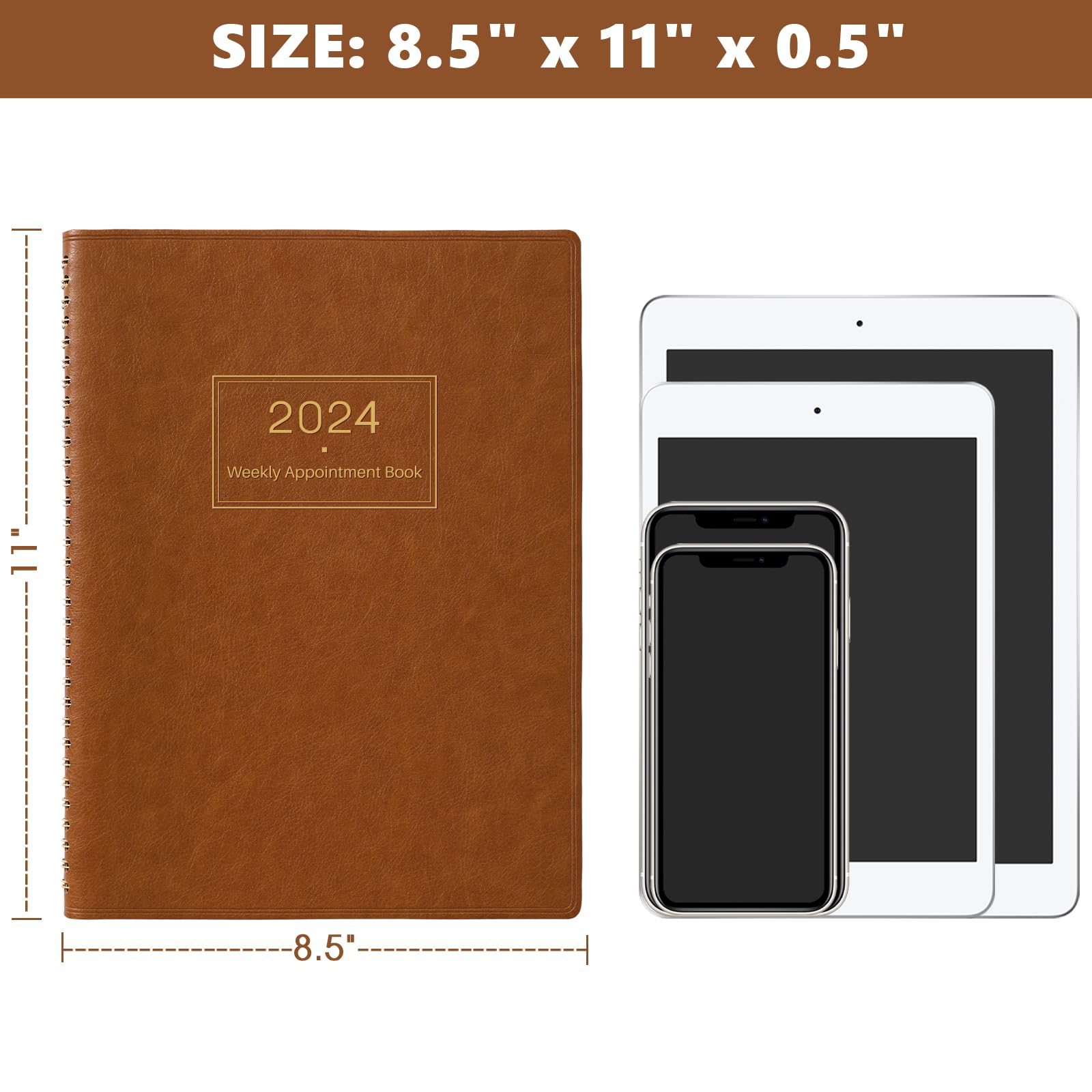 2024 Weekly Appointment Book & Planner - Large 2024 Daily Hourly Planner, January 2024 - December 2024, 8.5" x 11", 2024 Appointment Book with 15-Minute Interval + Thick Paper + Pocket - Brown