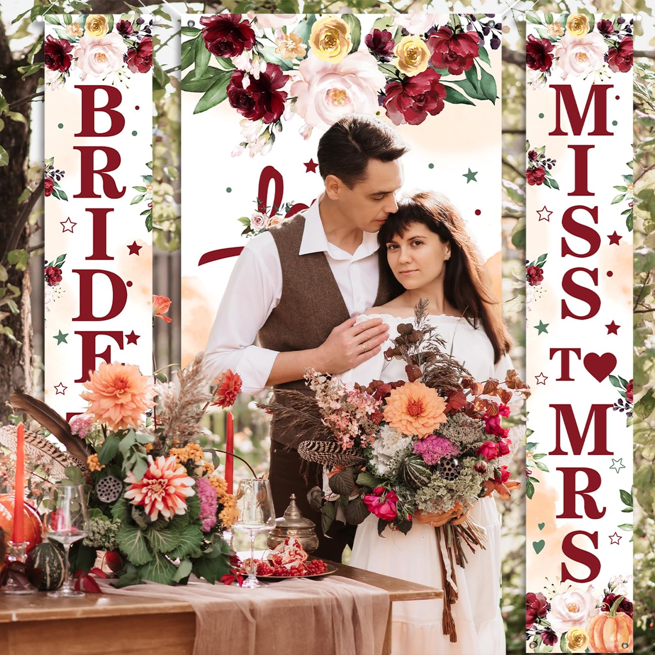 3 Pcs Fall in Love Banner Set Fall Bridal Shower Decorations Autumn Floral Little Pumpkin Door Cover Backdrop for Fall Theme Wedding Bachelorette Engagement Bride to Be Valentines Day Party Supplies