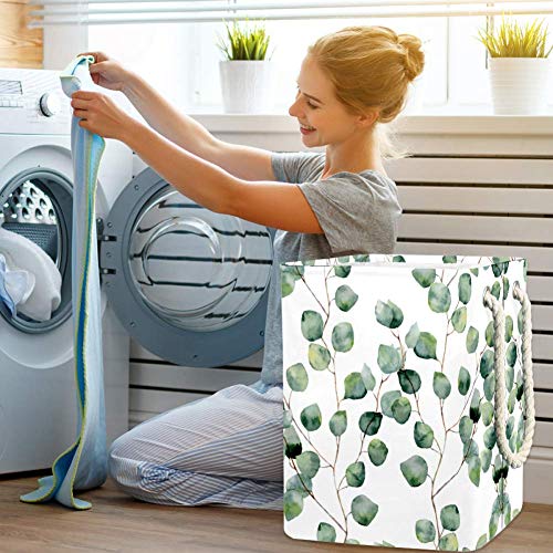 MAPOLO Laundry Basket Eucalyptus Leaves Pattern Foldable Laundry Hamper with Handles Detachable Brackets Well-Holding Waterproof for Clothes Toys Organization in Laundry Room Bedroom Bathroom