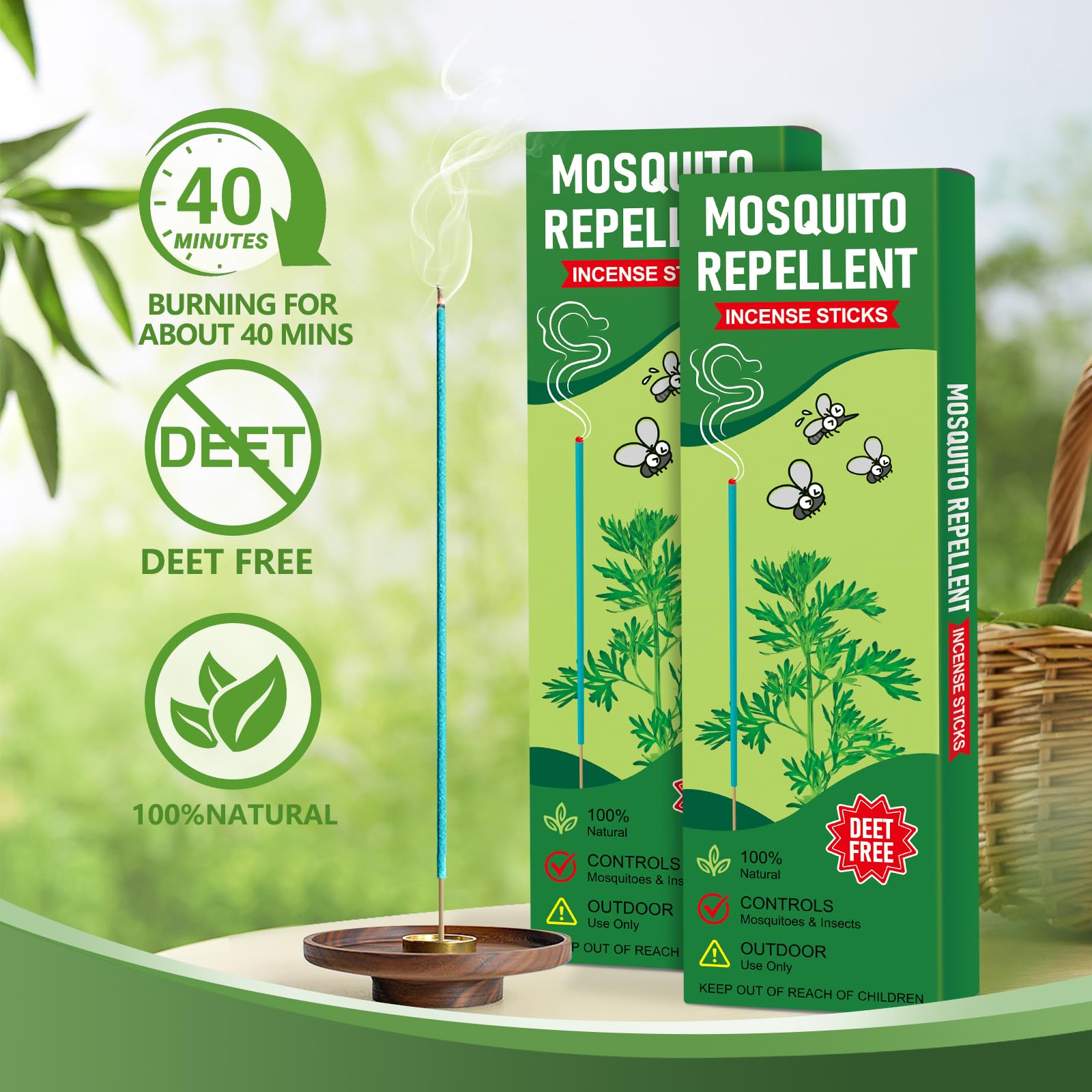 Lousye Mosquito Repellent Sticks, DEET Free Plant-Based Mosquito Repellent Outdoor Patio Incense Sticks (Green-180)
