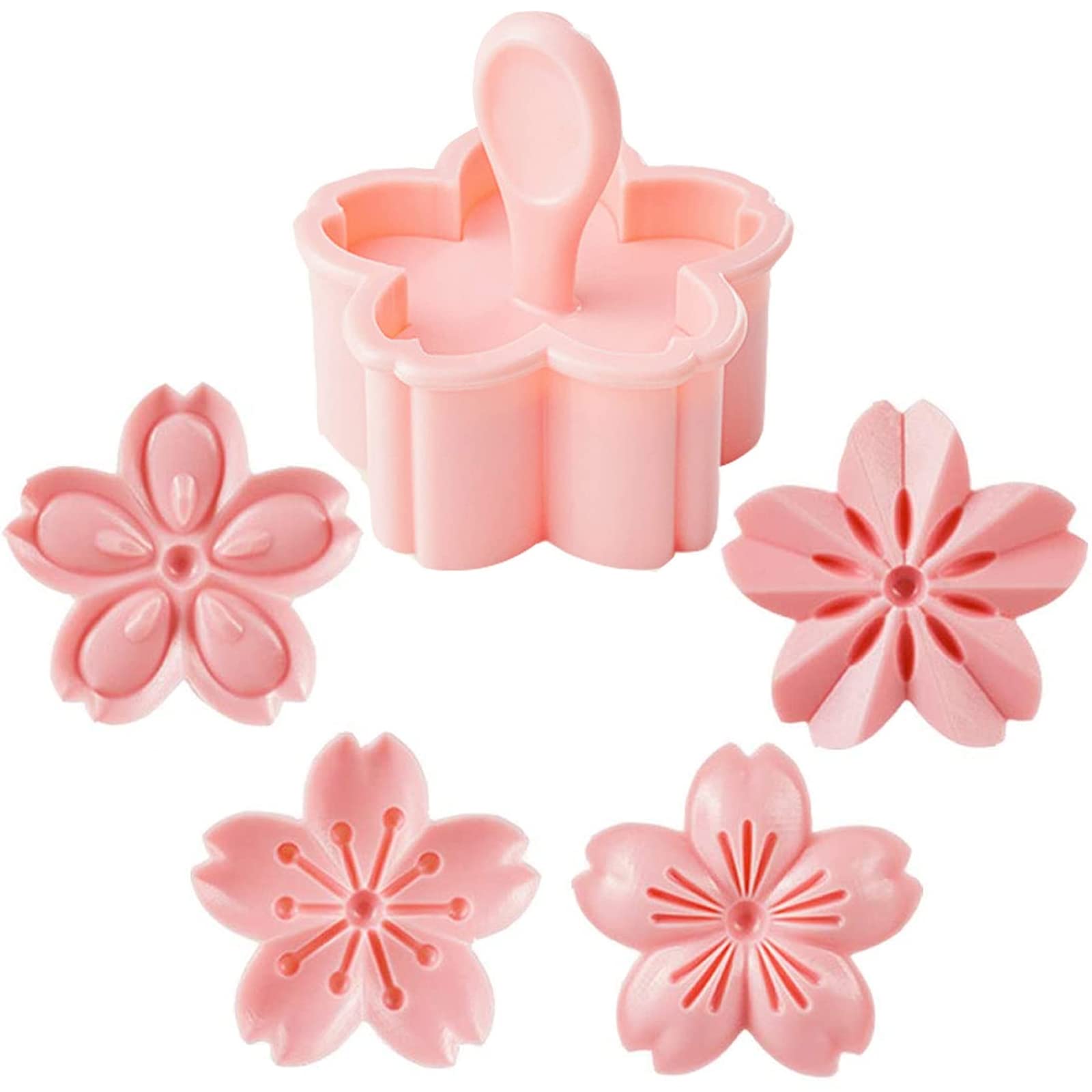 5Pcs/Set Cookie Mold Stampers Cherry Blossom Pastry/Fondant Cutters Flower-Shape Hand Pressure Pastry Mould for Sakula Cookies, Sugarcraft Cake Decoration, Polymer Clay, Chocolate (Pink)