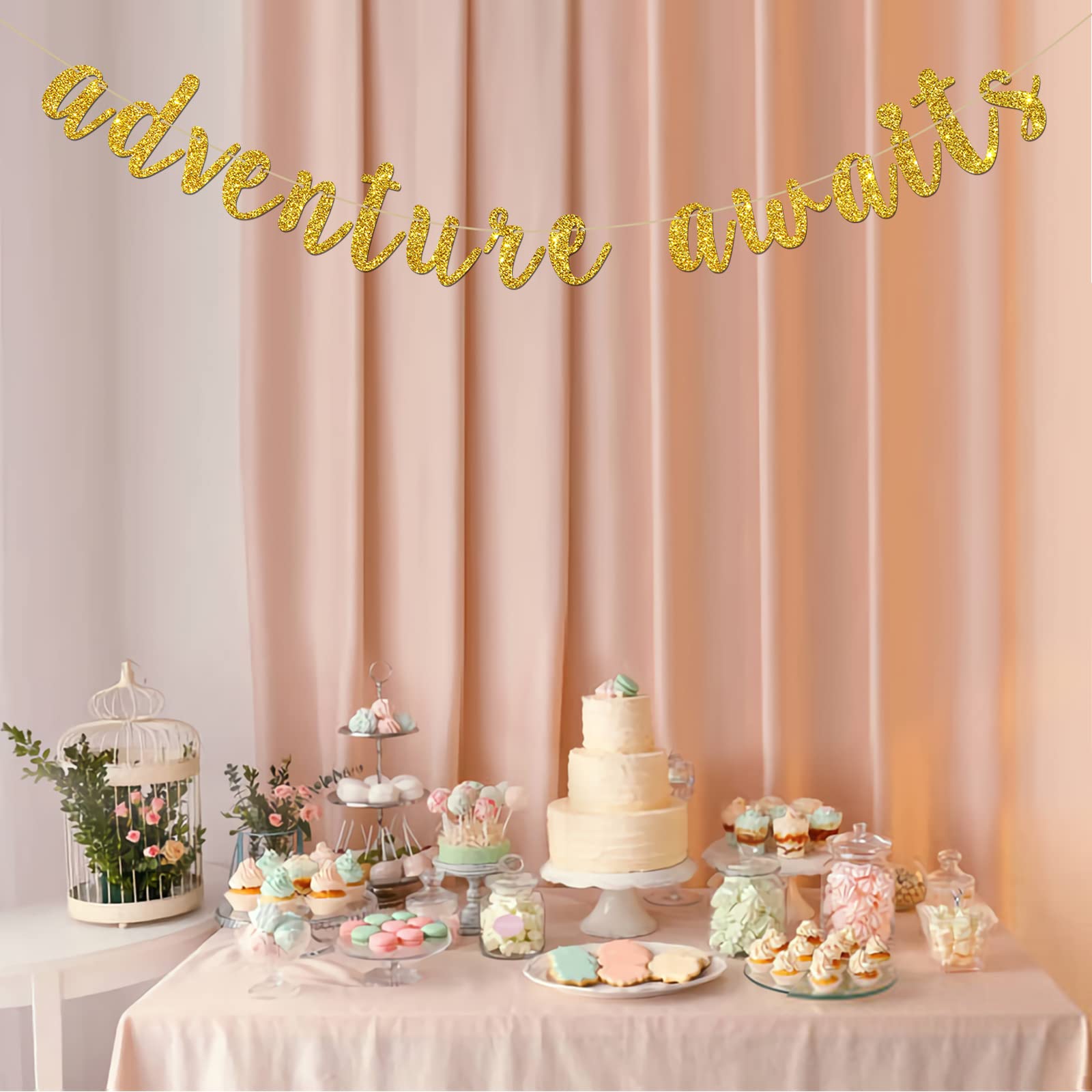 Adventure Awaits Banner, Wedding Engagement Party Bunting Decor, Congrats Grad, Birthday Retirement Sign Graduation Party Decorations Gold Glitter