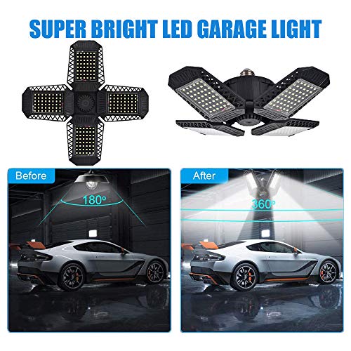 2Pack LED Garage Lights 80W, LED 4 Leaf Deformable Garage Light, 6000LM 6500K Super Bright Garage Ceiling Lights with 4 Adjustable Panels, E26 LED Shop Light for Workshop Barn Warehouse (Black)