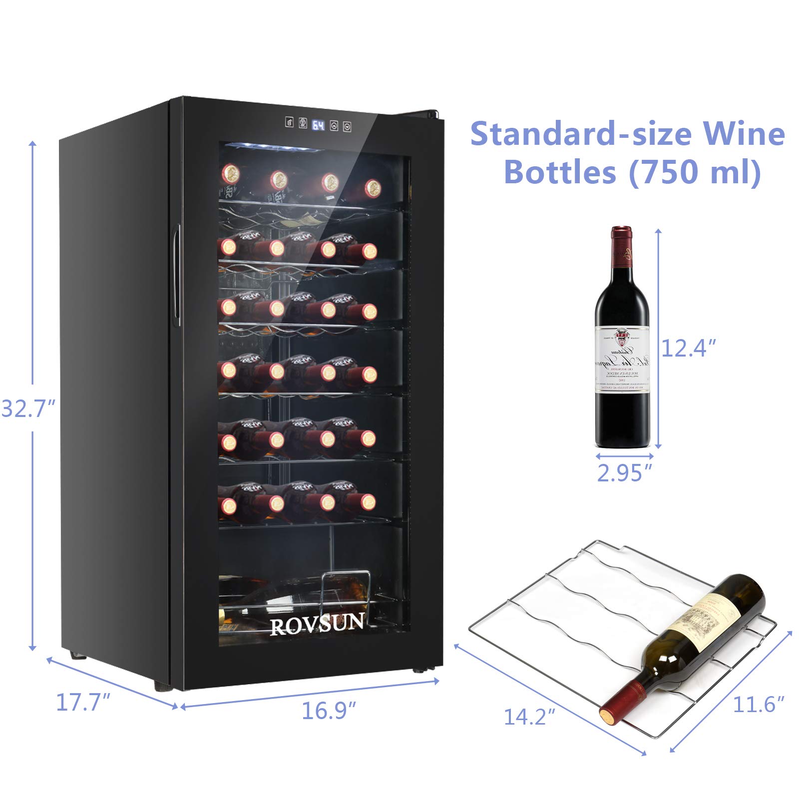 28 Bottle Wine Cooler Refrigerator, Freestanding Compressor Wine Chiller, Beverage Wine Fridge with Digital Temperature Control & Double-layer Glass Door for Red White Wine, Champagne, Beer